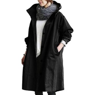 Generic Coupe-vent &agrave; capuche pour femme, veste ample &agrave; capuche &eacute;l&eacute;gante &agrave; revers surdimensionn&eacute;, l&eacute;ger, ouvert sur le devant, manteau classique &agrave; revers, Noir