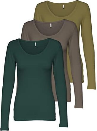 Only Lot de 3 t-shirts basiques à manches longues dété pour femme, noir et blanc, 95 % coton, tailles XS, S, M, L, XL, 15209156, XL