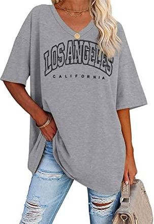 TOMWELL T-Shirt Oversize Femme à Col en V Vintage T-Shirts à Manches Courtes Lettres LA Hauts dété Grande Taille Chic Tee Shirt Rayée Lâches Tops pour Adolesc