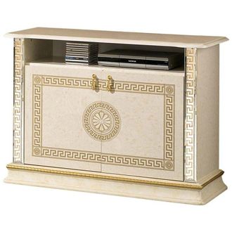 Les Tendances Meuble TV 2 portes 1 niche bois vernis laqu&eacute; brillant beige et dor&eacute; Venus 100cm