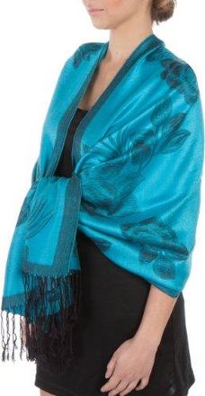 Sakkas FUPashRose06AG Châle/Echarpe/Etole Léger Deux couleurs Rose Floral Design Contours Pashmina - Turquoise/Noir