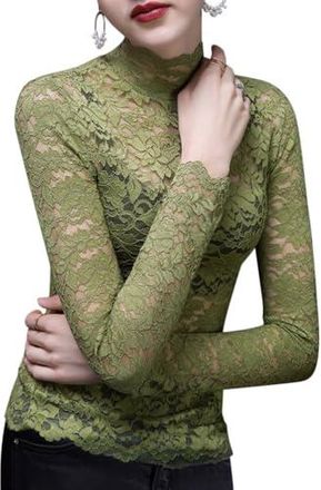 Minetom Femme T-Shirt Manches Longues Dentelle Chemisier Moulant Shirt Transparente Blouse Couleur Unie Hauts Tops A Vert L
