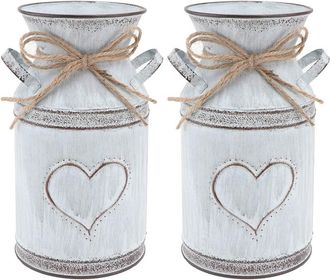 Yarnow 2 Stücke Vintage Blumenvase Herz Milchkanne Shabby Chic Deko Eisen Blumentopf Landhaus Vase Rustikal Metall Eimer Retro Übertopf Kaktus Sukkulenten To