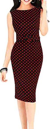 LaoZan Femmes À Pois Robe De Travail sans Manches Moulante Crayon Mi-Longues Robe De Bureau Rouge XL