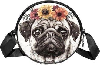 Generic Sac &agrave; bandouli&egrave;re rond pour femme, carlin, fleurs, petit sac &agrave; bandouli&egrave;re avec fermeture &eacute;clair, bretelles r&eacute;glables, sac &agrave; main rond d&eacute;contract&eacute; pou