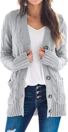 Generic Cardigan en tricot boutonn&eacute; pour lautomne d&eacute;contract&eacute; &agrave; manches longues avec poches, gris clair, 5XL