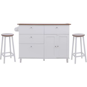 Hhg K&uuml;cheninsel HHG-692 mit 2 Sitzhockern, K&uuml;chenschrank Schublade Stauf&auml;cher MDF 90x131x47cm wei&szlig;, helles Holz