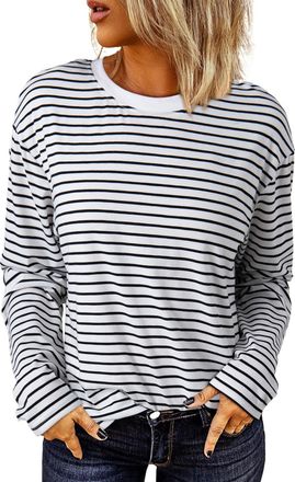 Dokotoo Langarmshirt Damen Rundhals Gestreift T-Shirt Basic Longsleeve Tee L&auml;ssige Oberteile Shirt Tops, wei&szlig;, M