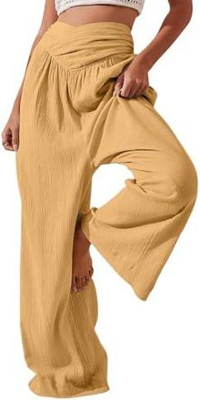 Generic Pantalon en coton et lin pour femme - Jambe large - Pantalon de plage d&eacute;t&eacute; confortable - Pantalon de yoga Palazzo - XIYU26004, jaune, XXL