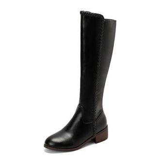 Generic Bottes d&eacute;quitation western pour femme - Bout rond - Talon bloc bas - Veau large avec fermeture &eacute;clair lat&eacute;rale - Chaussures dhiver d&eacute;contract&eacute;es, Noir