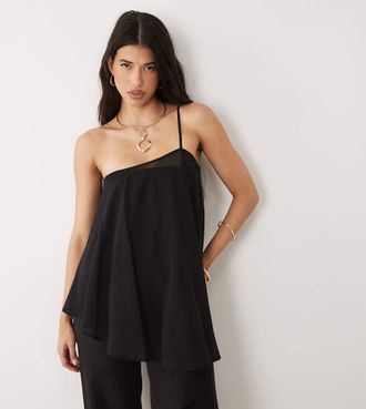 KAIIA Exklusives, asymmetrisches Oberteil aus Chiffon in Schwarz mit One-Shoulder-Tr&auml;ger und Drapierung, Kombiteil