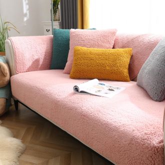 Shanna Dicker Lamm Imitat Sofabezug 1 2 3 4-Sitzer L-Form, Neue Universelle rutschfeste Sofabez&uuml;ge Superweiche Staubdichte Sofabez&uuml;ge f&uuml;r Wohnzimmer (Rosa, 1