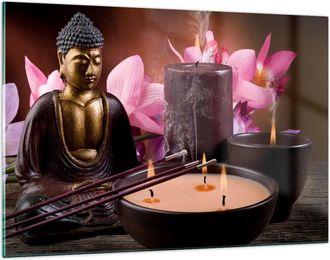Arttor Wandbilder Dekoration Wohnzimmer Buddha Kerzen Religion Bilder auf Glas 120x80cm Glasbild Schlafzimmer Küche Deko Wand Kunstdruck Art Groß XXL Wanddek