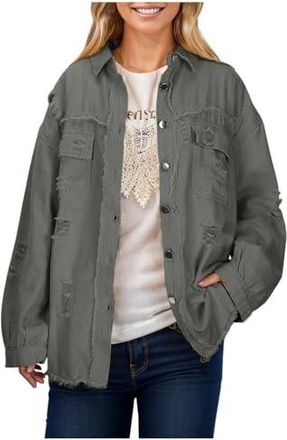 Generic Vestes classiques pour femmes, veste en jean de couleur unie, mi-longue, style vieilli, &agrave; manches longues, manteau en jean d&eacute;contract&eacute; 2026, gris clai