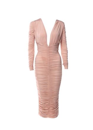 Alex Perry Pink Ruched Deep Plunge Midi Dress Size XS