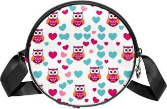 Generic Petit sac &agrave; bandouli&egrave;re rond pour femme, motif hiboux, coeurs, sac &agrave; dos avec fermeture &eacute;clair, bretelles r&eacute;glables, sac &agrave; main rond d&eacute;contract&eacute; pour 