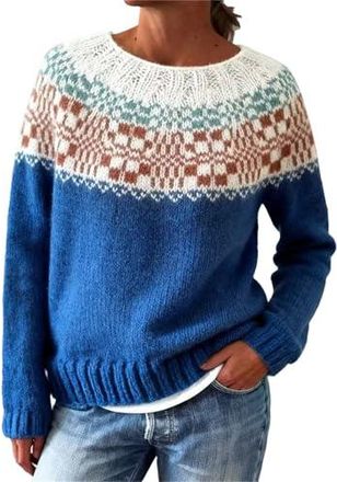 Generic Pull jacquard amusant pour femme - Motif géométrique nordique - Pull dhiver chaud - Col rond - Tricot fin - Pour les vacances, bleu, XXL