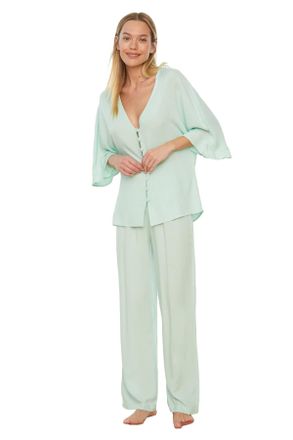Trendyol Trendyol Damen Mint Handles Frilly Viscose Woven Pajama Set, Mint, 38 EU