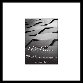 Americanflat 60x60 cm Bilderrahmen aus Kunststoff mit 25x35 cm Passepartout - schmaler Fotorahmen mit poliertem Plexi-Scheibe - integrierte Aufh&auml;ngung f&uuml;r Wandmont