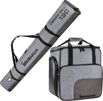 Brubaker Kombi Set Carver Performance - Skisack und Skischuhtasche für 1 Paar Ski + Stöcke + Schuhe + Helm - Grau meliert Schwarz - 190 cm