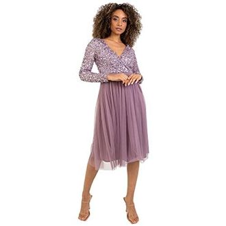 Maya Womens Ladies Wedding Guest Midi Dress Long Sleeve Plunging Neckline V Neck Sequin Embellished Graduation Robe de Demoiselle dhonneur, Moody Lilac, 24