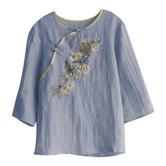 Generic Chemise en lin &agrave; manches 3/4 pour femme - Coton et lin - Motif floral brod&eacute; - Tunique d&eacute;t&eacute; d&eacute;contract&eacute;e pour la plage et les vacances, bleu, XXL