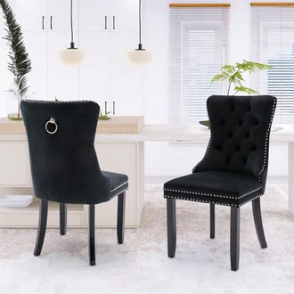 Generic Esszimmerstuhl-Set Aus Leder - Stühle Mit Hoher Rückenlehne, Knopfheftung Und Beinen Aus Massivholz(Wood-Black,2)