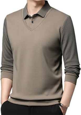 Generic Chemise deux pièces à revers rayé pour homme - Col en V - Manches longues - Pull à rayures contrastées - Pour lautomne et lhiver, kaki, XXL