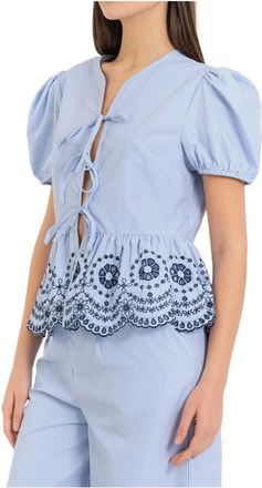 Kocca Femme, Blouses et Chemises, Bleu, Taille: 42 FR Blouse Ray&eacute;e avec Manches Bouffantes et Basque Brod&eacute;e