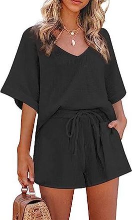 Onsoyours 2 Pièces Ensemble Survêtement Femmes Été Décontractée Couleur Unie Sweatshirt Manche Courte Shorts avec Cordon Poche Lâche Lin Col en V Sportswear Sui