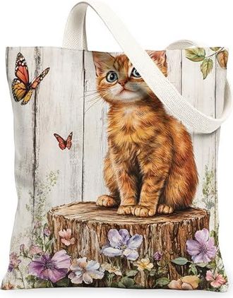 Generic Sac fourre-tout en toile motif chats abyssins printaniers 33 x 38,1 cm, sac d&eacute;picerie r&eacute;utilisable pour femme, motif animal de compagnie, d&eacute;coration c