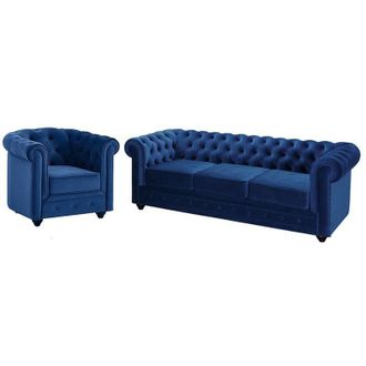 Vente-Unique Vente-unique - Canap&eacute; 3 places et fauteuil chesterfield - Velours bleu roi