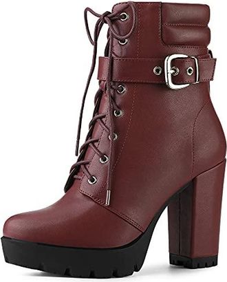 Allegra K Bottines à Talons carrés et à Boucle Plate-Forme pour Femmes Bourgogne 40