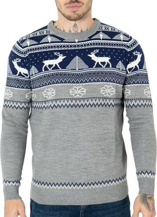 Noroze Pulls de No&euml;l pour Hommes Pull l&eacute;ger en Maille Style Nordique avec imprim&eacute; Rennes | Chandail &agrave; Manches Longues et col Rond avec Fermeture &eacute;clair au Qu