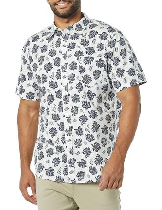 Amazon Essentials Herren Kurzärmeliges Hemd aus Popeline, Schmale Passform, Weiß Marineblau Palme, XXL