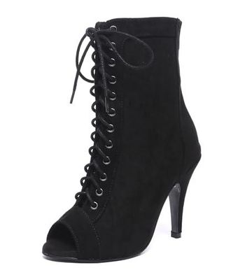 Minitoo Chaussures de danse latine pour femme avec lacets ouverts, L608 Daim Noir Talon 10 cm, 37 EU