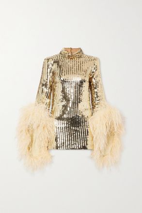 Taller Marmo Del Rio Disco Minikleid Aus T&uuml;ll Mit Pailletten Und Federn - Gold