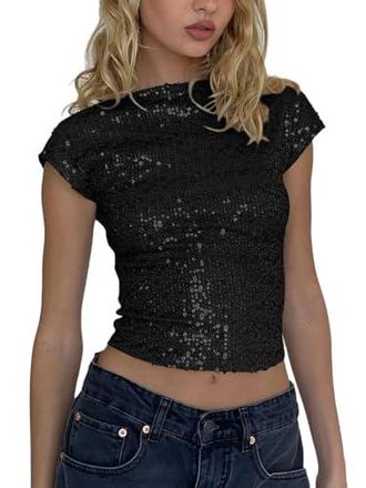 Onsoyours Hauts Femmes F&ecirc;te Paillettes Manches Courtes Slim Fit Paillettes Argent T-Shirt Festif F&ecirc;te Paillettes Top Clubwear A Noir XS