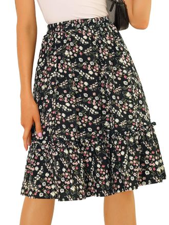 Allegra K Damen Sommer R&uuml;schen Rock Saum Blumen A-Linie Hohe Taille Knielang Midirock Schwarz XL