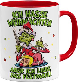 OM3 lustige Ich hasse Weihnachten Kaffee-Tasse mit Spruch - freche Weihnachtstasse Festessen - Keramik Becher - 325ml - Beidseitig Bedruckt - Rot