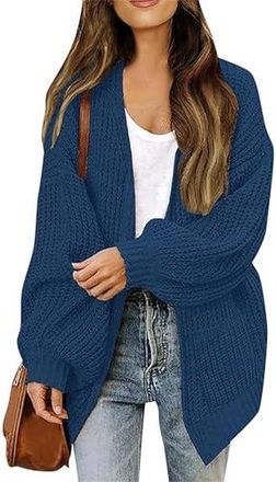 Generic Cardigan en tricot &agrave; manches lanternes pour femme Col en V Couleur unie Pull &agrave; manches longues R&eacute;tro, noir fonc&eacute;, Taille XS