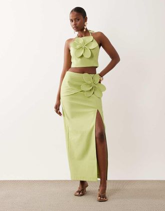 Asos Jupe longue densemble en lin avec fleurs en relief - Pistache-Vert