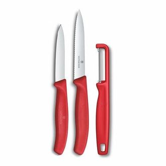 Victorinox by Swiss Army Swiss Classic Gemüsemesser Set mit Sparschäler, Schälmesser und Tomatenmesser, 3-teilig, Extra Scharfe Klinge, Rot