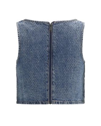 Self Portrait Womens Denim Crop Top With Crystals Blue