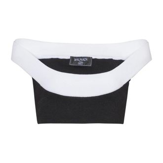 Balmain Femme, Tops, Noir, Taille: 40 FR Top court en maille bicolore &agrave; double encolure