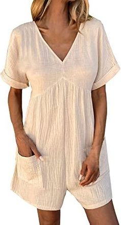 QUINTRA Combinaison femme à la mode avec col en V fixe et fermeture éclair pour dormir pour femme dhiver, Beige., XL