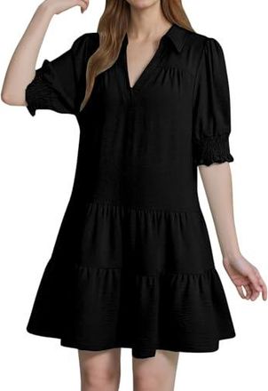 Generic Robe d&eacute;contract&eacute;e pour femme avec col &agrave; revers et col en V et manches mi-longues pliss&eacute;es pour femme, robe d&eacute;t&eacute; boh&egrave;me, robe ample pour les vacances, 