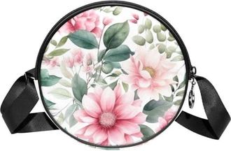 Generic Petit sac &agrave; bandouli&egrave;re circulaire pour femme, motif feuilles florales, sac &agrave; dos avec fermeture &eacute;clair, bretelles r&eacute;glables, sac &agrave; main rond d&eacute;contra