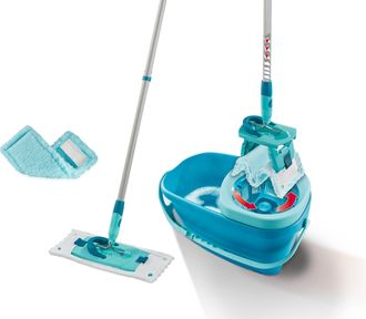 Leifheit Set CLEAN Twist M Flachwischer Ergo 2.0, Bodenwischer mit 1x Mikrofaser Bezug für alle glatten Böden und 1x elektrostatischem Staubtuch, Wischmopp mit