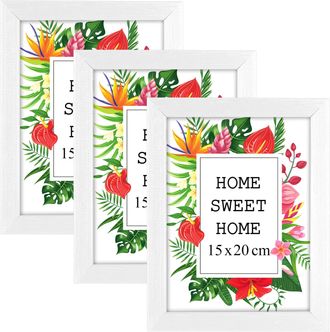 MG Design Set aus 3 Weiß Bilderrahmen 15 x 20 cm - Aus echtem Holz mit Acrylglas, zum Aufhängen & Aufstellen, für Fotos, Poster & Puzzle